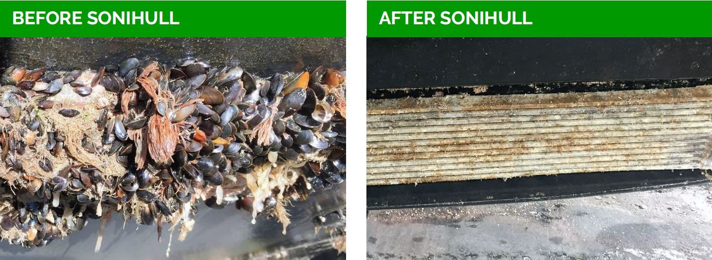 Before and after Sonihull's Ultrasonic anti-fouling system