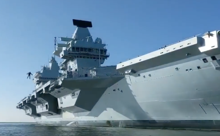 Pioneering jet suit pilot takes spin around HMS Queen Elizabeth